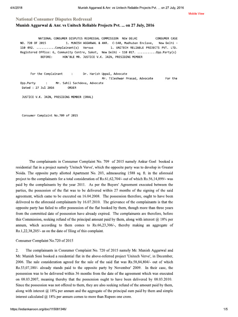 Munish Aggarwal & Anr. Vs Unitech Reliable Projects Pvt. .. | PDF