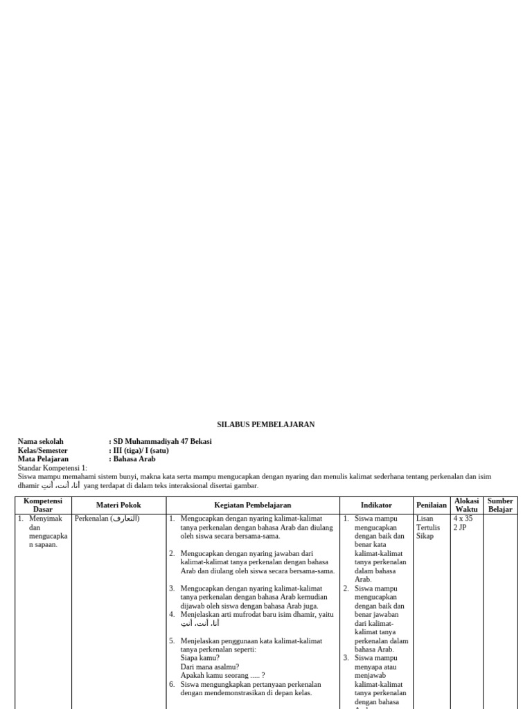 Silabus B. Arab Kls 3 | PDF