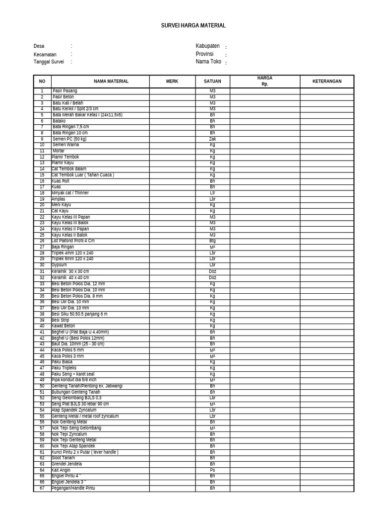 Form Survei Harga Material | PDF