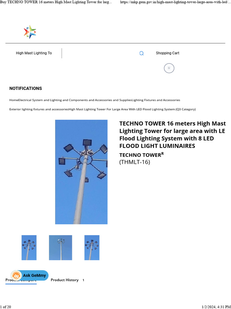 TECHNO TOWER 16 Meters High Mast Lighting Tower For Large Area With LED ...