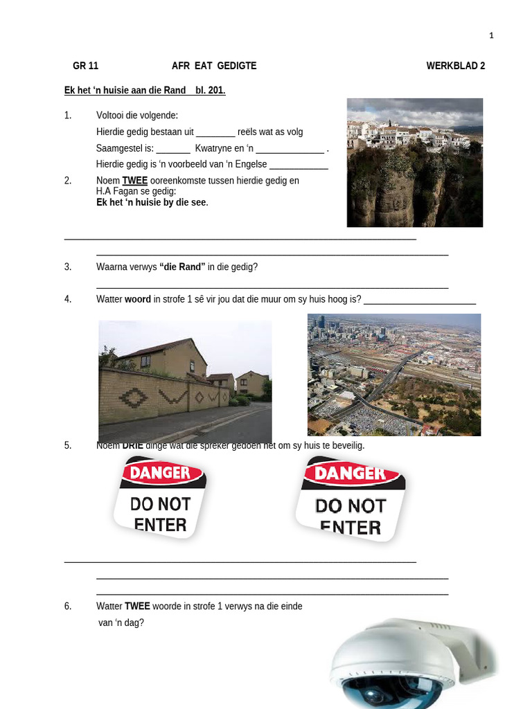 GR 11 Afr Eat Gedigte Werkblad 2 Ek Het 'N Huisie Aan Die Rand | PDF