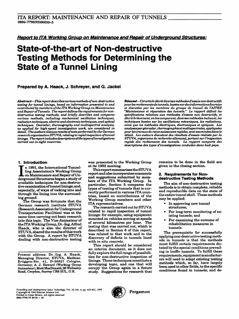 WG6 1995 Non-Destructive Testing Methods For Tunnel Lining | PDF