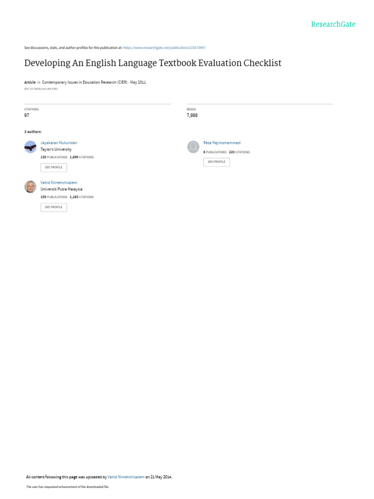 Developing An English Language Textbook Evaluation Checklist Pdf
