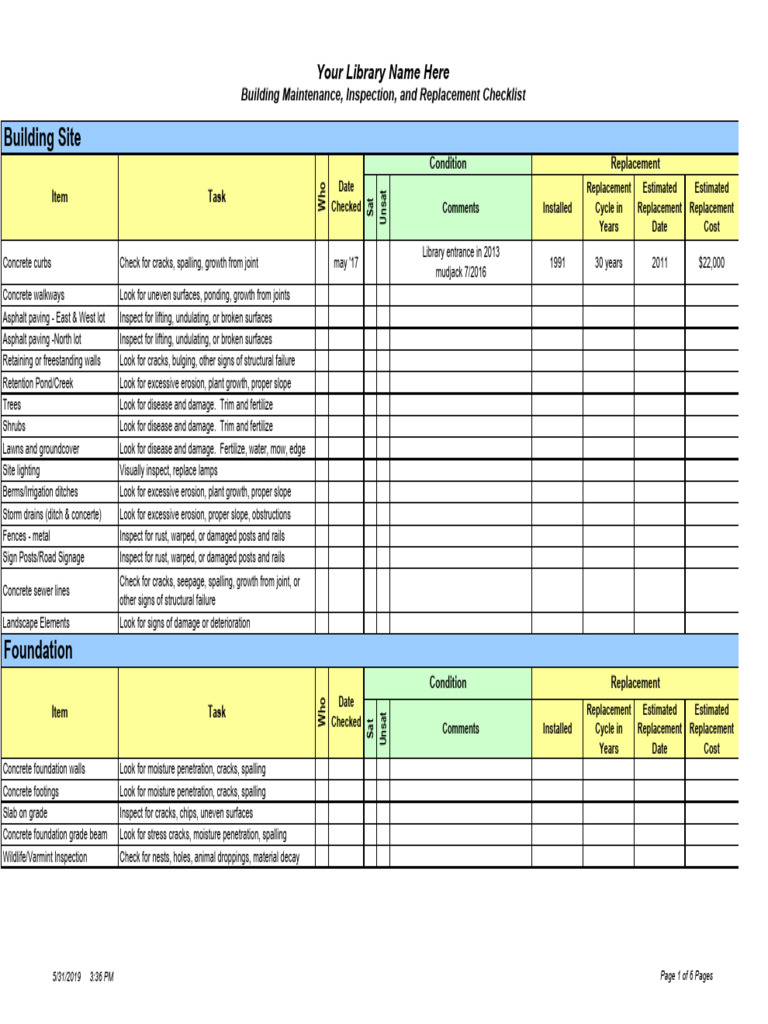 Building Maintenance & Replacement Checklist | PDF
