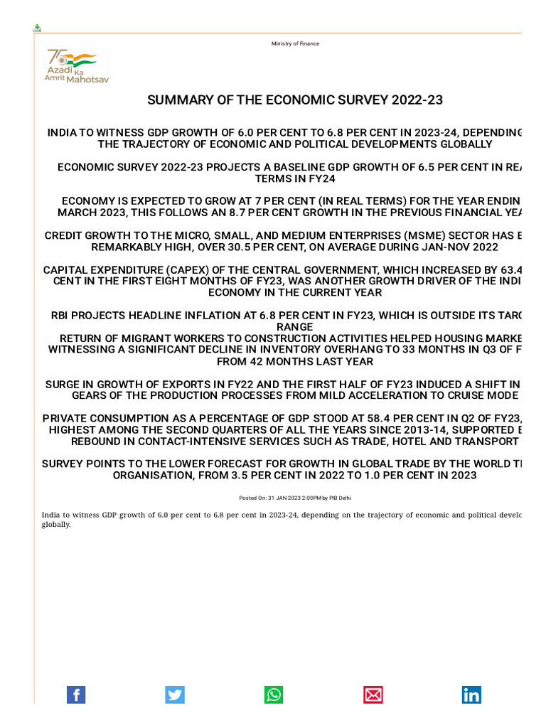 Economic Survey 2022-23 Summary | PDF | Inflation | Government Budget ...