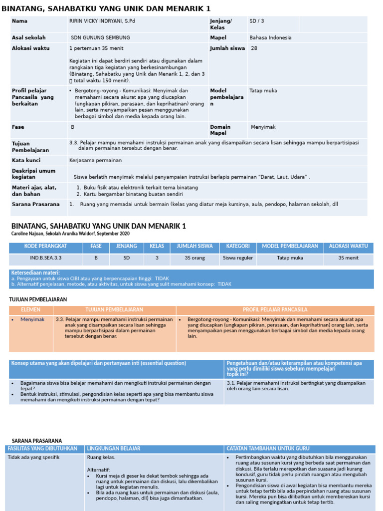 MA IND Caroline SD B Binatang, Sahabatku Yang Unik Dan Menarik | PDF