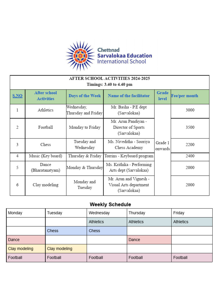 Schedule - After School Activities 2024-2025 | PDF