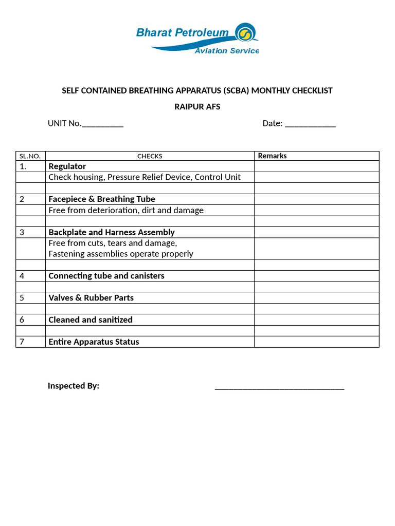 SCBA (Self-Contained Breathing Apparatus) Checklist | PDF