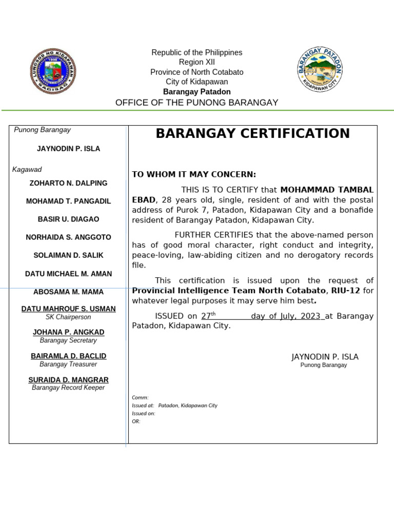 Brgy. Cert. Good Moral Intel RIU PNP APP | PDF