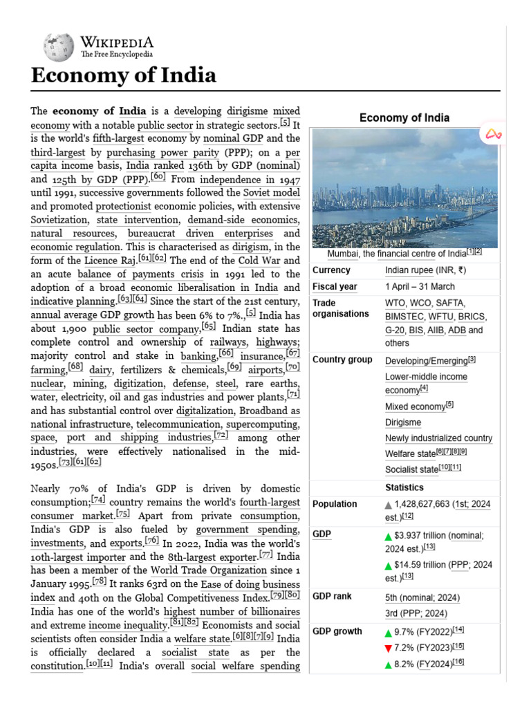 Economy of India - Wikipedia | PDF