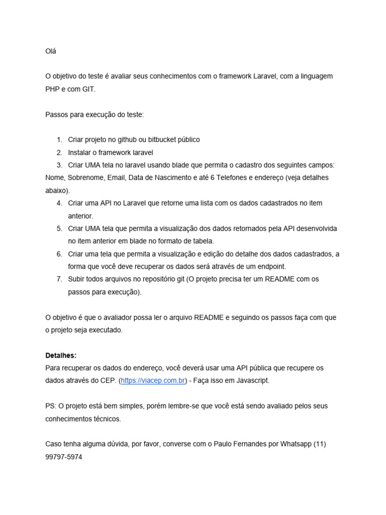 Teste PHP Dev LARAVEL CRUD API | PDF Teste PHP Dev LARAVEL CRUD API | PDF