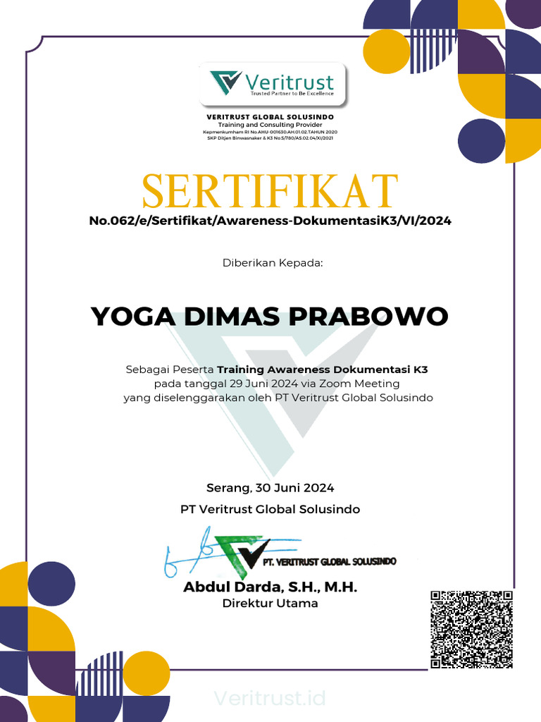 SERTIFIKAT Dokumentasi K3 Yoga Dimas Prabowo | PDF
