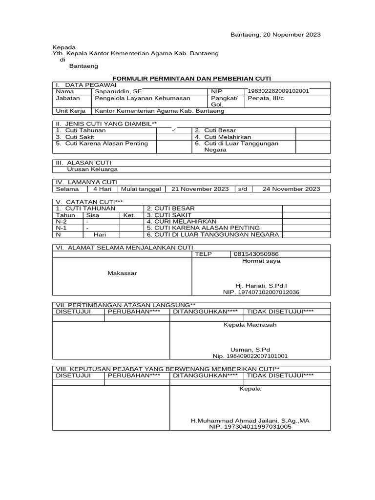 Contoh Format Cuti Baru | PDF