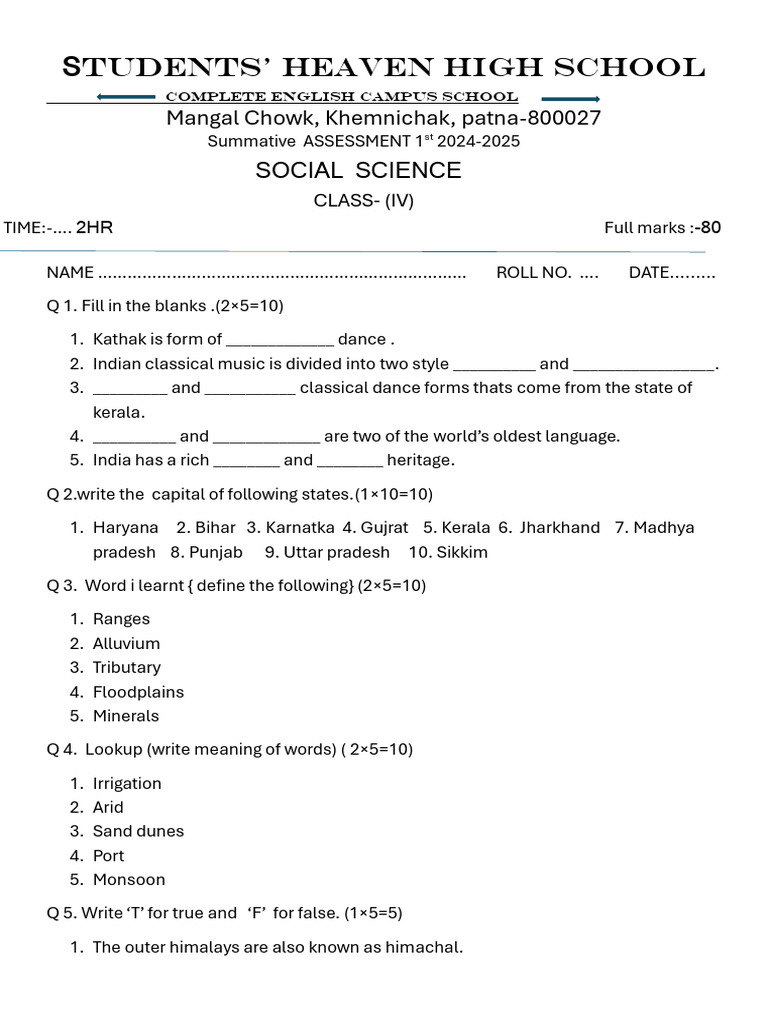Class 4 SST SA 1 Question | PDF