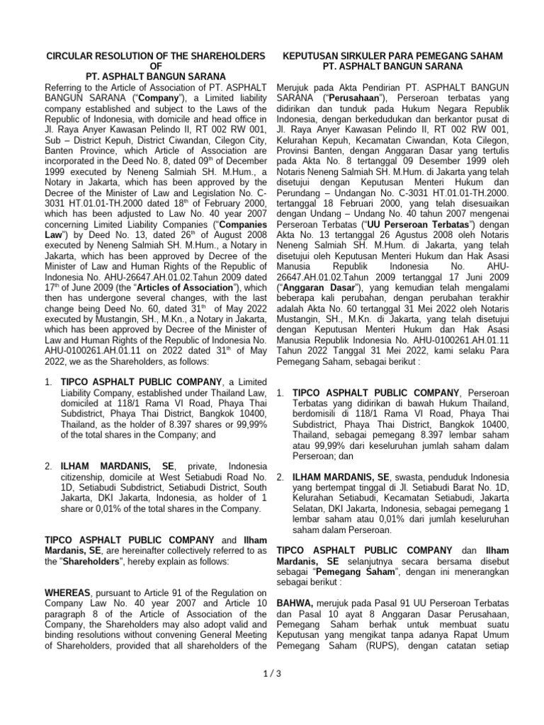 CIRCULAR RESOLUTION OF THE SHAREHOLDERS OF ABS - Resignation MR Huges ...