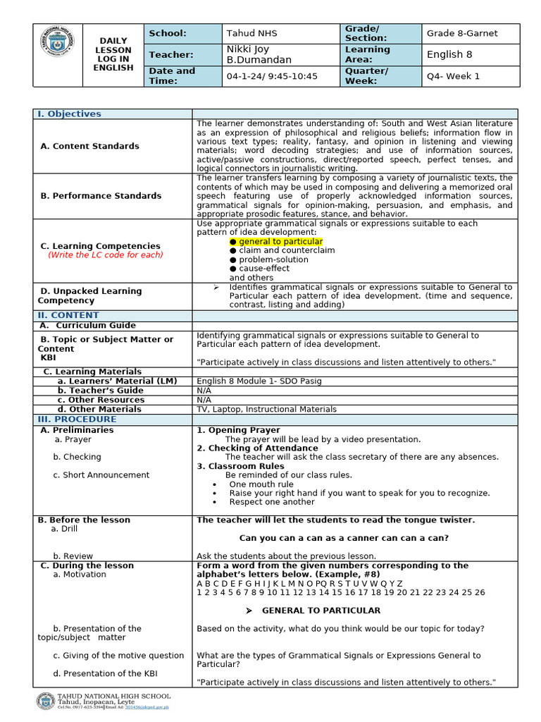 Q4 - English 8 M1 LP1 | PDF