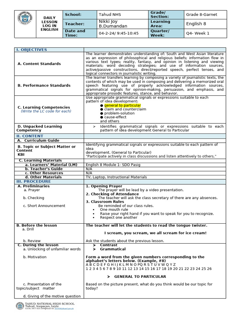 Q4 - English 8 M1 LP2 | PDF