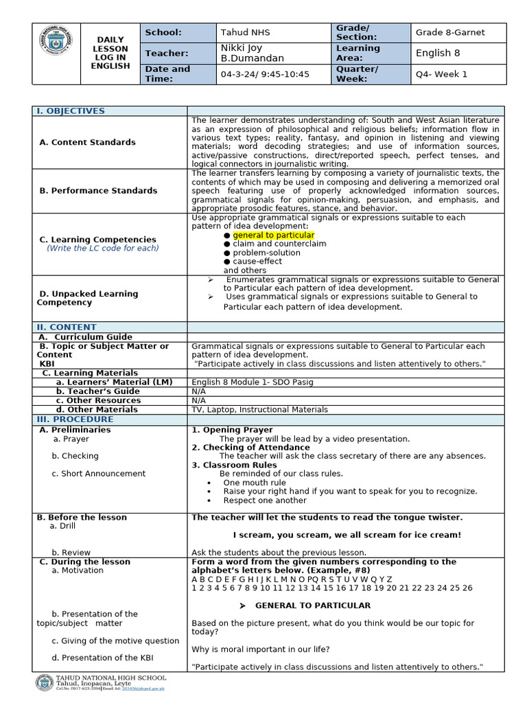 Q4 - English 8 M1 LP3 | PDF