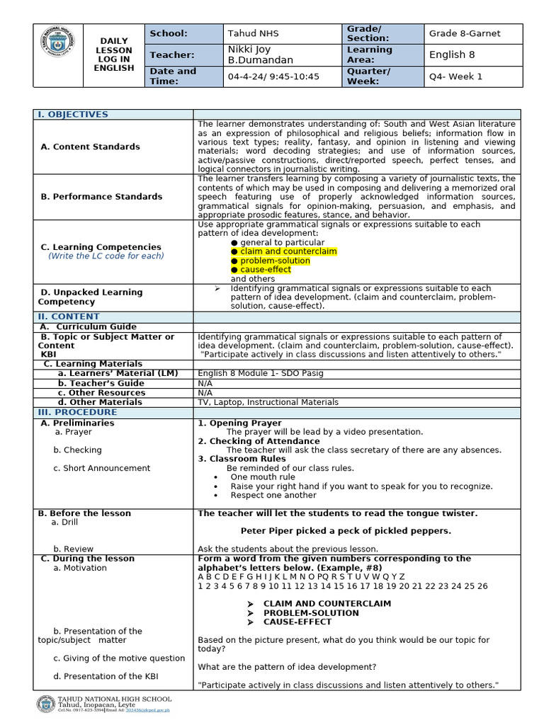Q4 - English 8 M1 LP4 | PDF