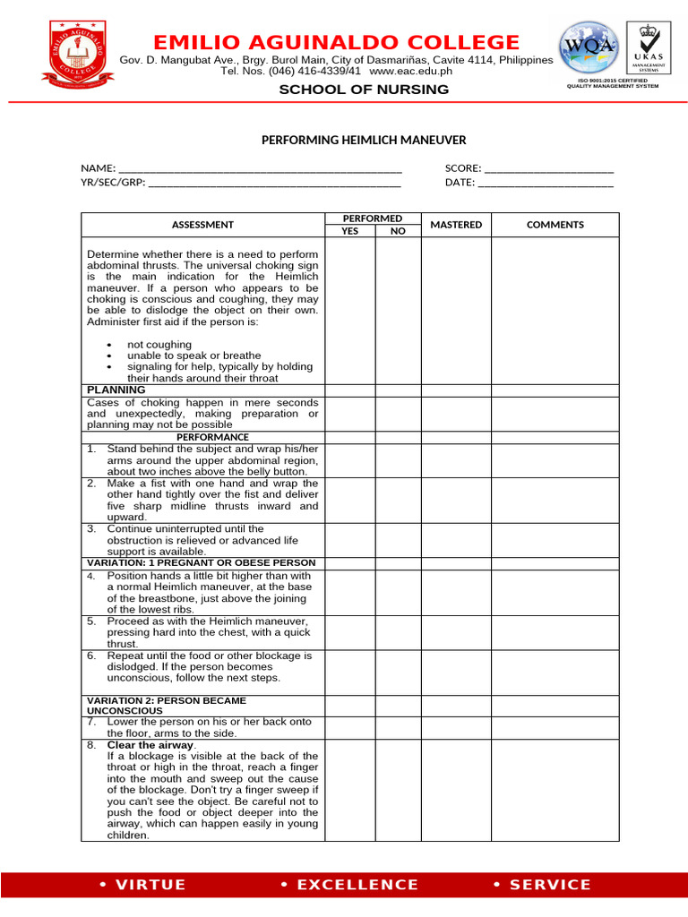Checklist Performing Heimlich Maneuver | PDF