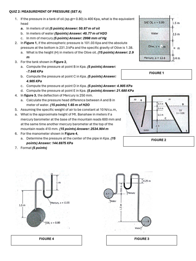 QUIZ 2 - Measurement of Pressure (1S SY 2024-2025) With Answer | PDF