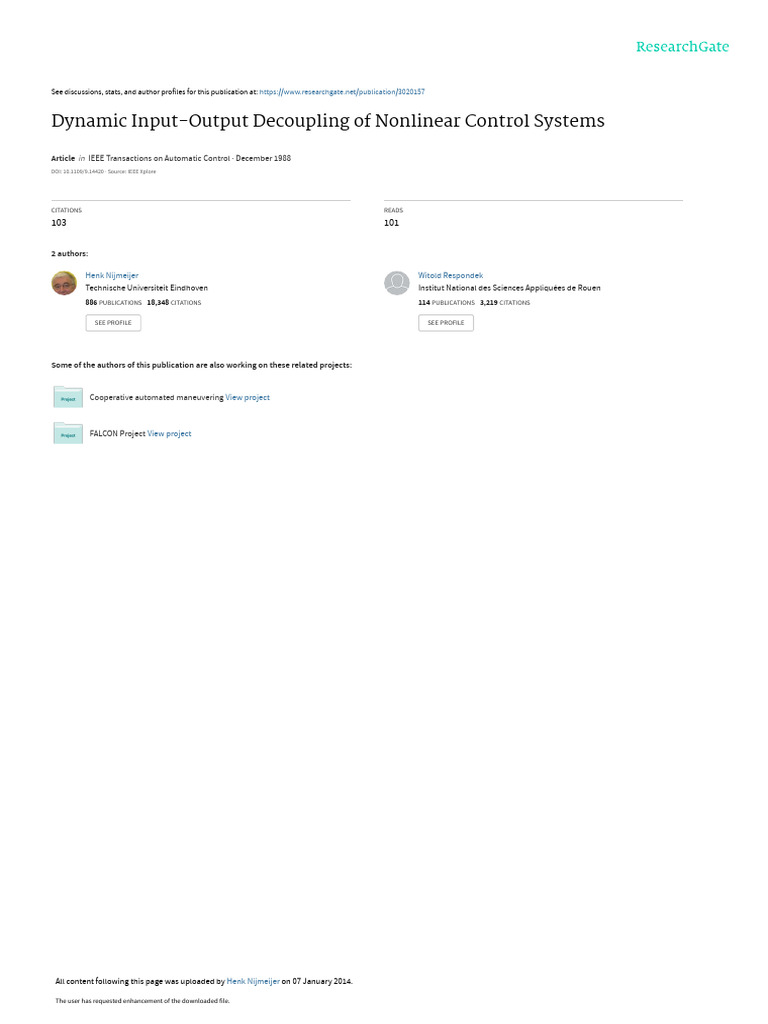 1988 Dynamic Input Output Decoupling NL Systems | PDF