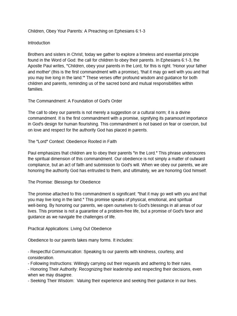 Children, Obey Your Parents - A Preaching On Ephesians 6-1-3 | PDF