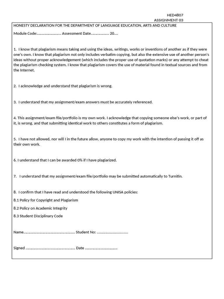 HED4807 Honesty Declaration Assignment 03 | PDF