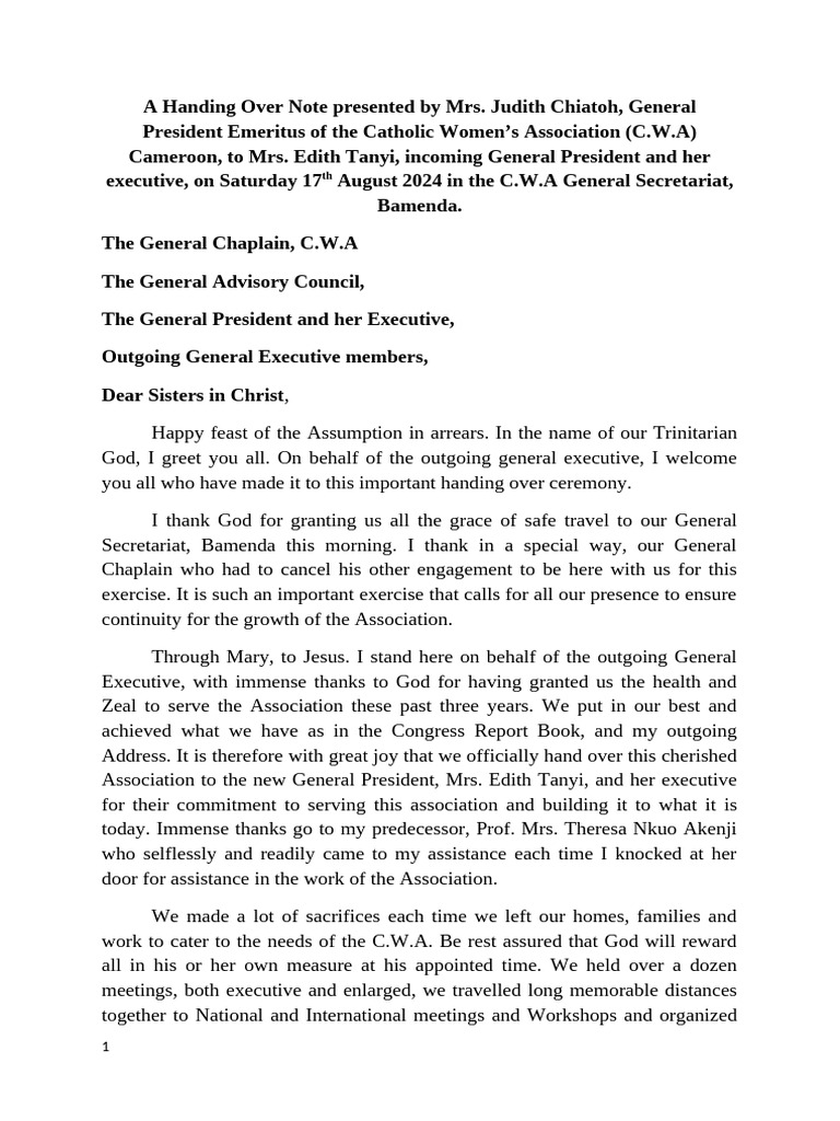 A Handing Over Note Presented by Mrs | PDF