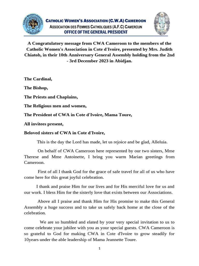 A Congratulatory Message From CWA Cameroon To The Members of The ...