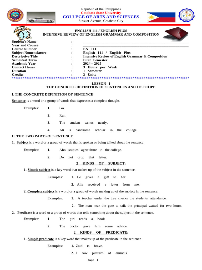 English 111 Module Intensive Review of en Gram Compo 2018 Edition | PDF ...