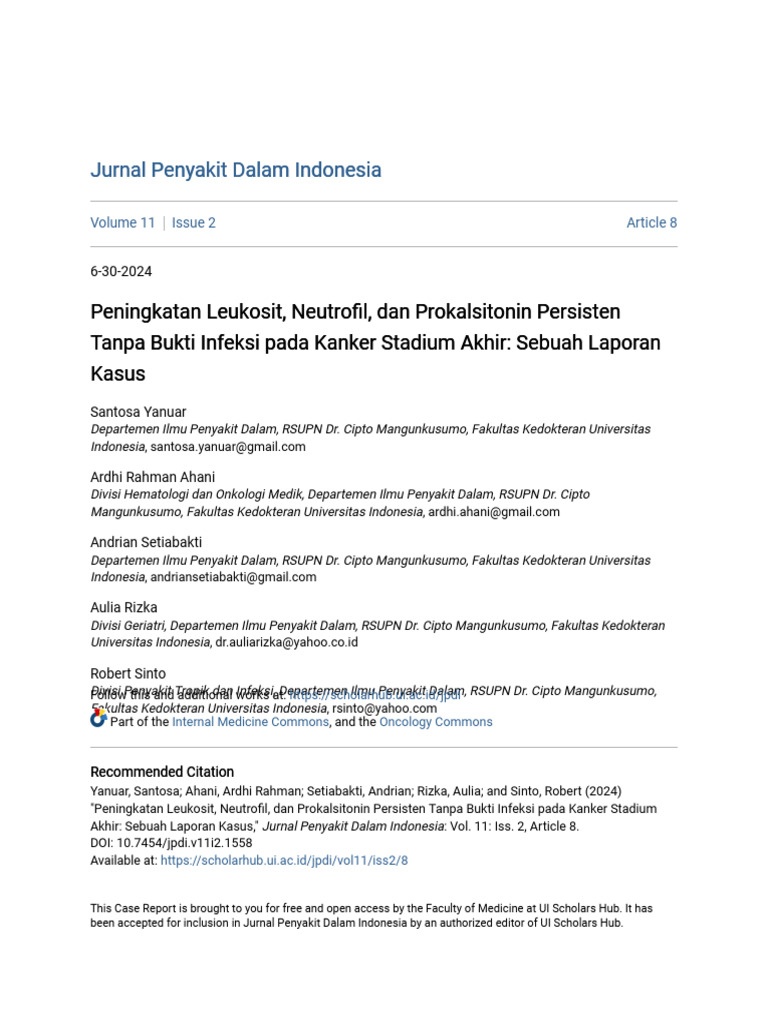 Peningkatan Leukosit Neutrofil Dan Prokalsitonin Persisten Tanp | PDF