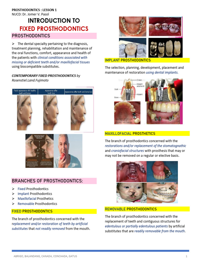 L1 INTRODUCTION TO PROSTHODONTICS (Old Layout) | PDF