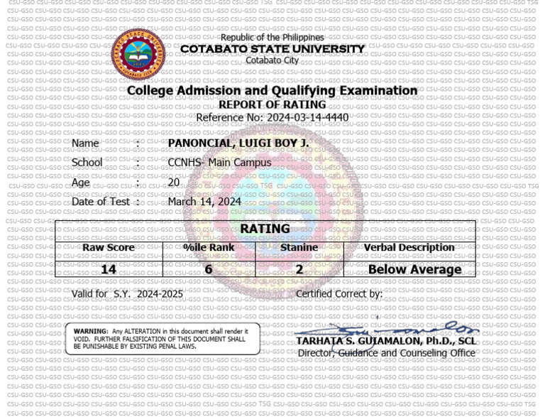 College Admission and Qualifying Examination: Cotabato State University ...