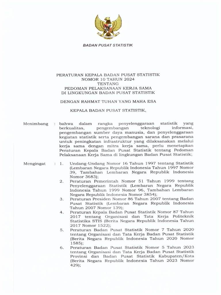 Perka BPS Nomor 10 Tahun 2024 Tentang Pedoman Pelaksanaan Kerja Sama Di Lingkungan BPS - JDIH | PDF