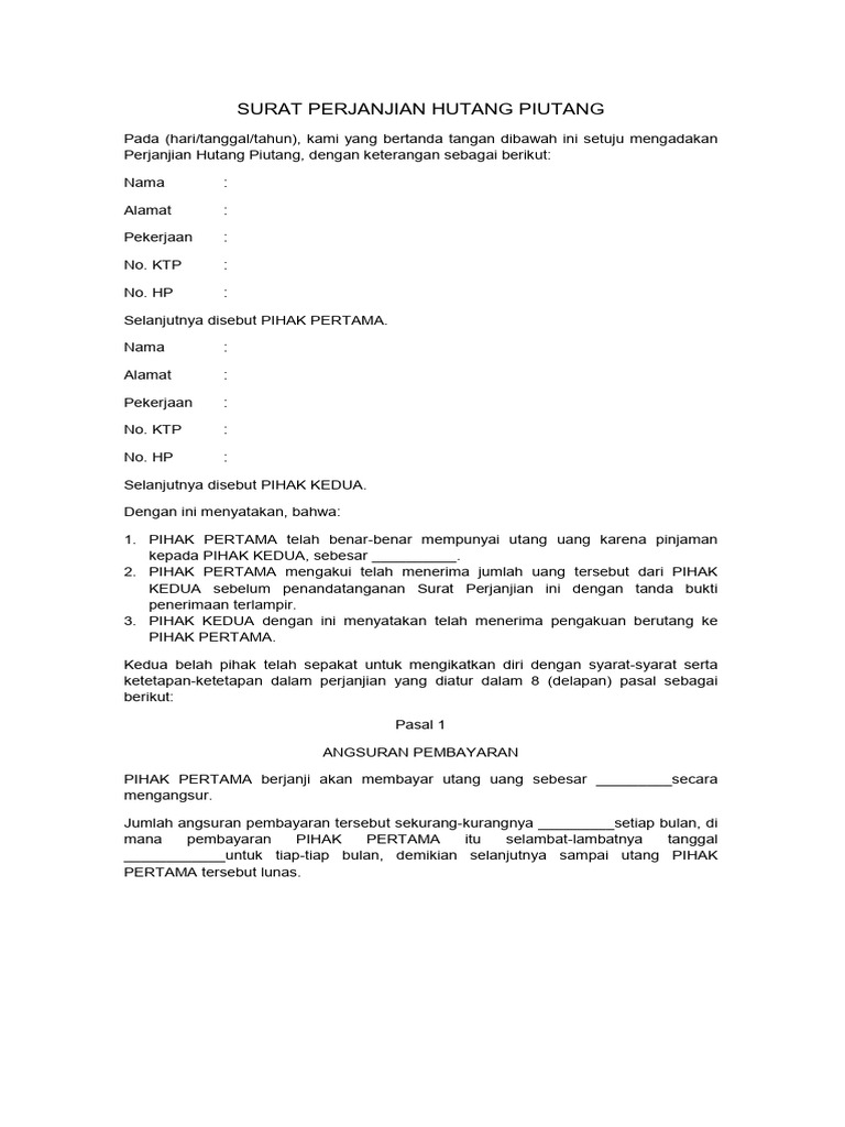 Surat Perjanjian Hutang Piutang Draft 4 | PDF