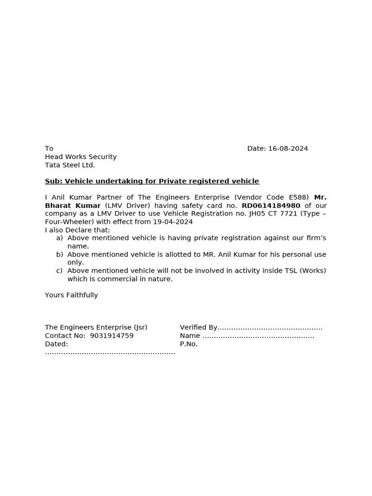 Vehicle Undertaking For Private Registered Vehicle | PDF