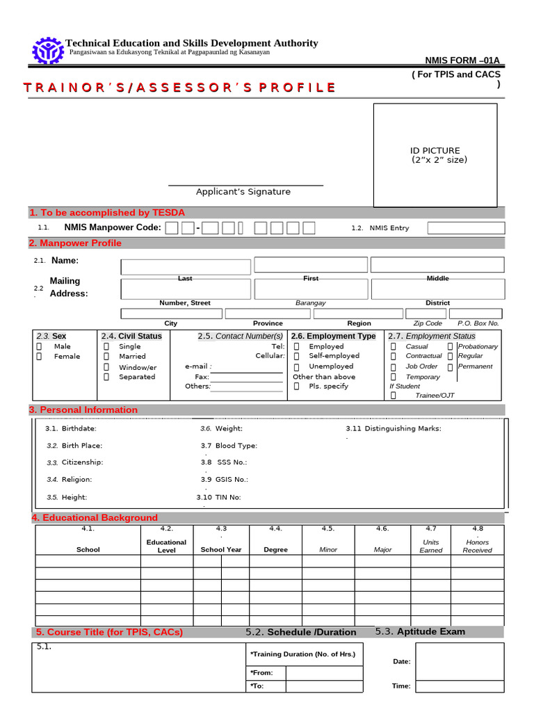 TESDA NMIS Form 01A Application Guide | PDF