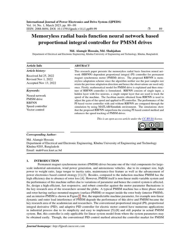 Memoryless Radial Basis Function Neural Network Based Proportional Integral Controller For PMSM ...