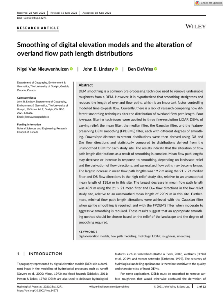 Hydrological Processes - 2021 - Van Nieuwenhuizen - Smoothing of Digital Elevation Models and ...