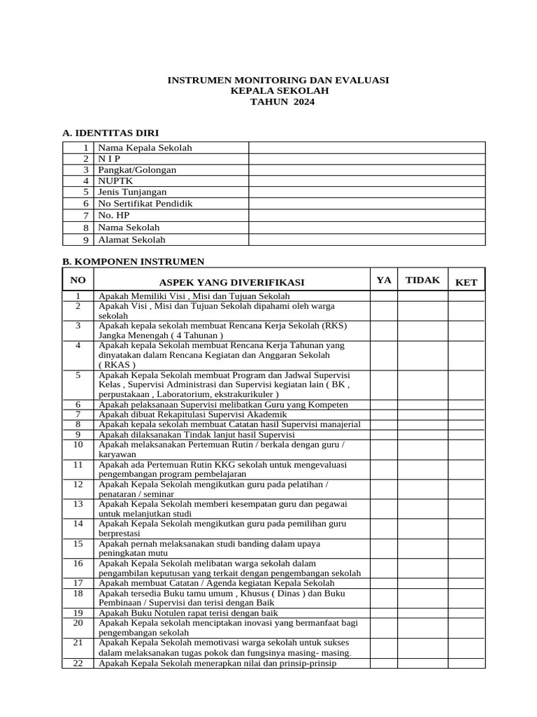 Instrumen Monev Kepsek 2024 | PDF