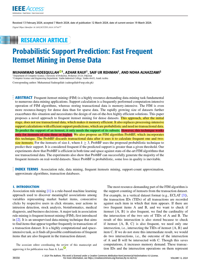 Probabilistic Support Prediction Fast Frequent Itemset Mining in Dense ... Probabilistic Support Prediction Fast Frequent Itemset Mining in Dense ...