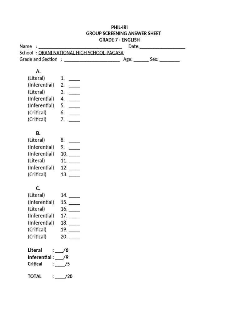 Phil Iri Answer Sheet | PDF