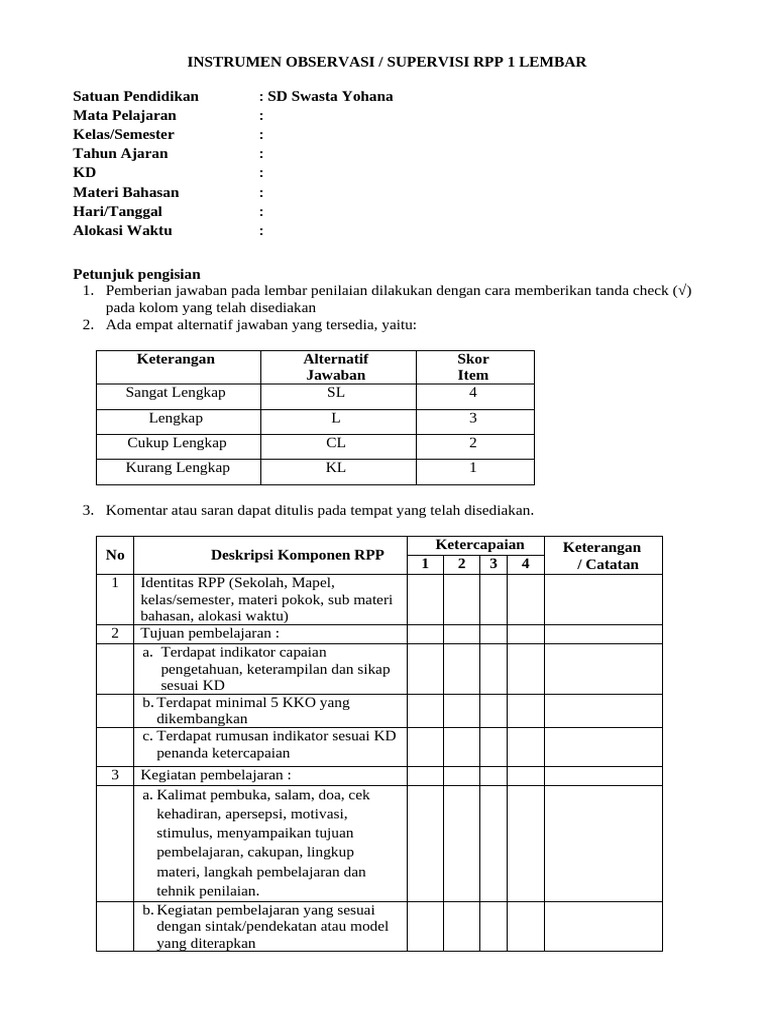 Form Supervisi RPP 1 Lembar | PDF