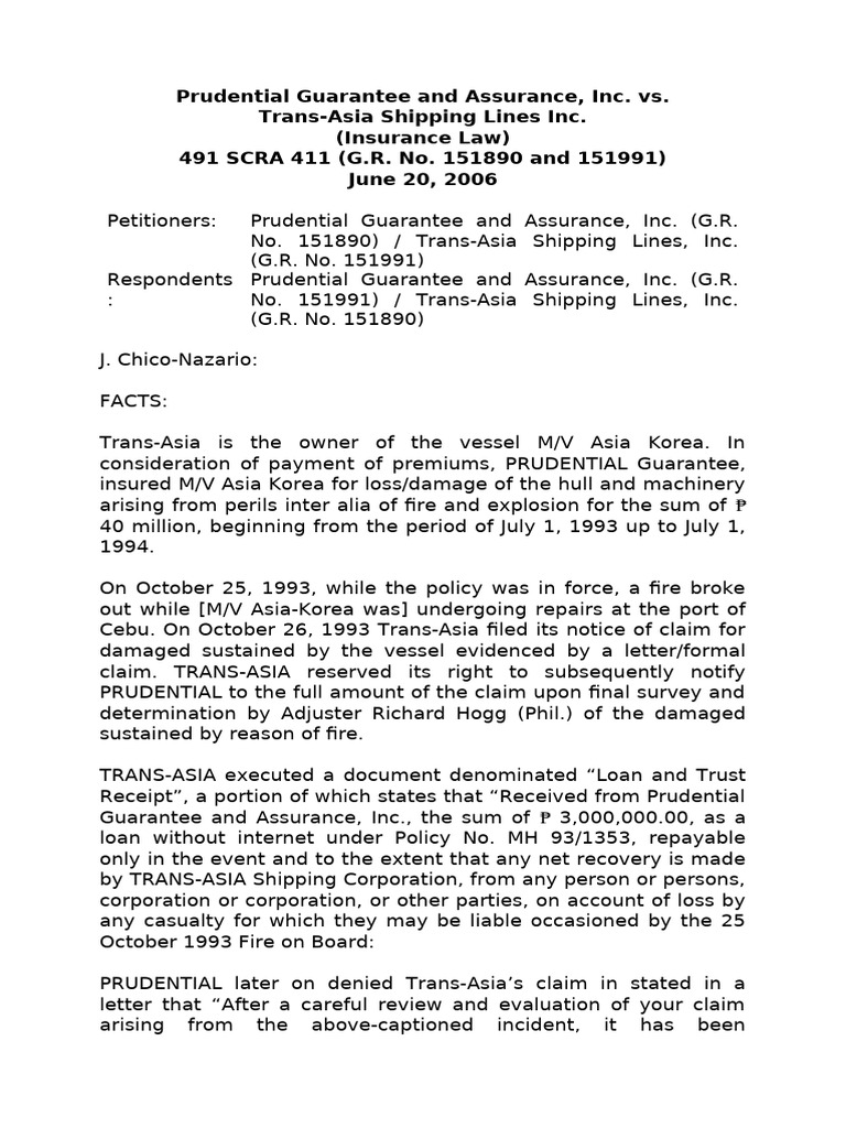 Prudential Guarantee and Assurance, Inc. vs. Trans-Asia Shipping Lines ...