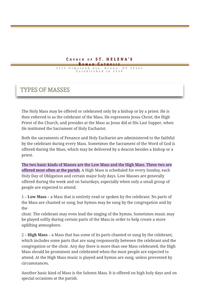 Types of Masses - St. Helena - Bronx, NY | PDF