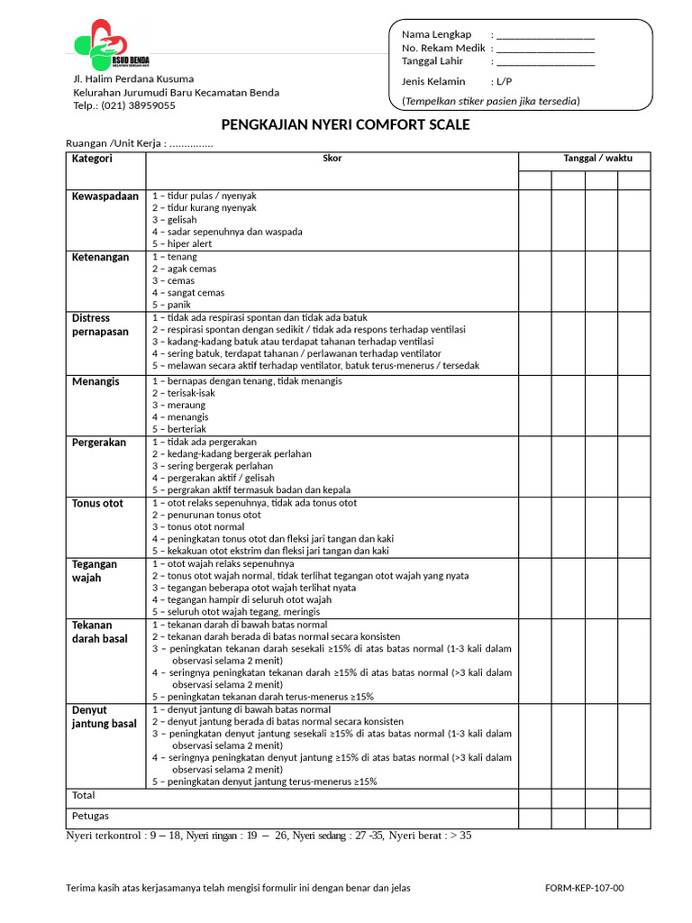 54.pengkajian Resiko Nyeri Comfort Scale BENDA Fix | PDF
