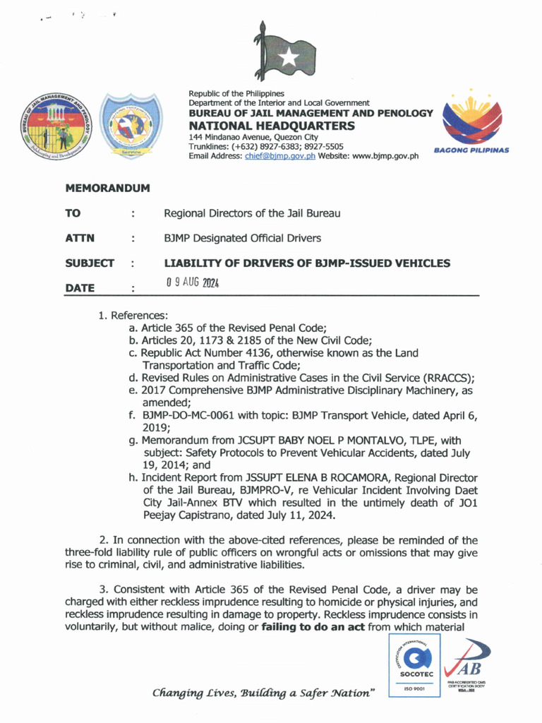 Liability of Drivers of BJMP Issued Vehicles | PDF