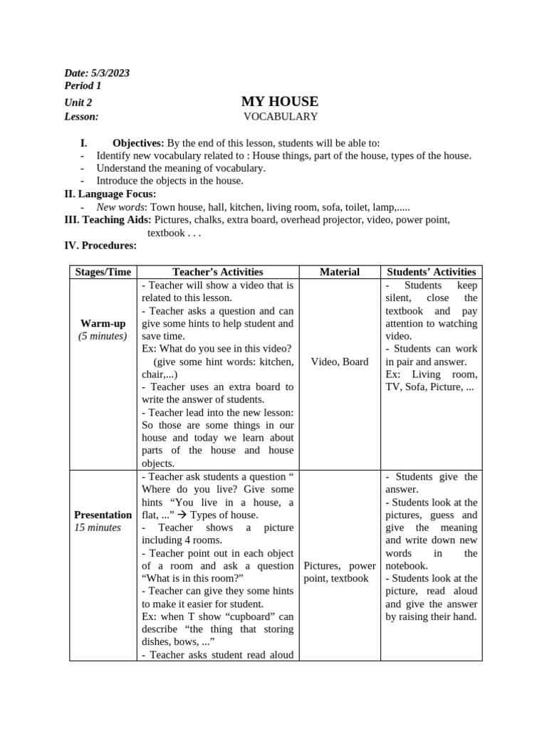 Lesson plan MY HOUSE | PDF