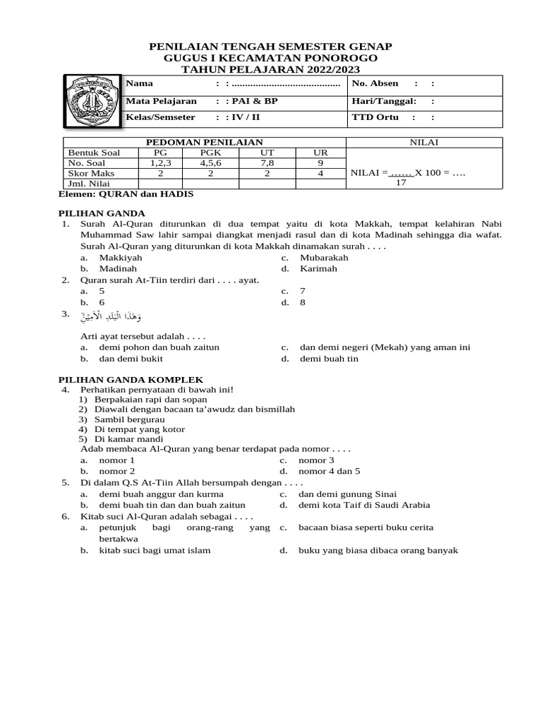 PTS SMT 2 Kelas 4 Th. 2022-2023 | PDF